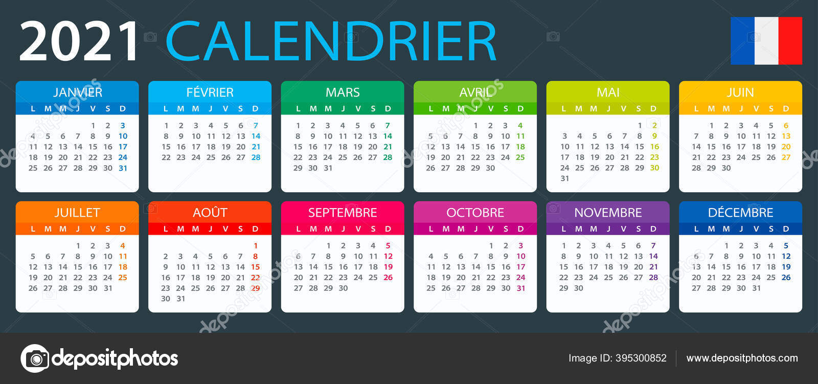 Vector Template Color 2021 Calendar French Version Stock Vector Image ...