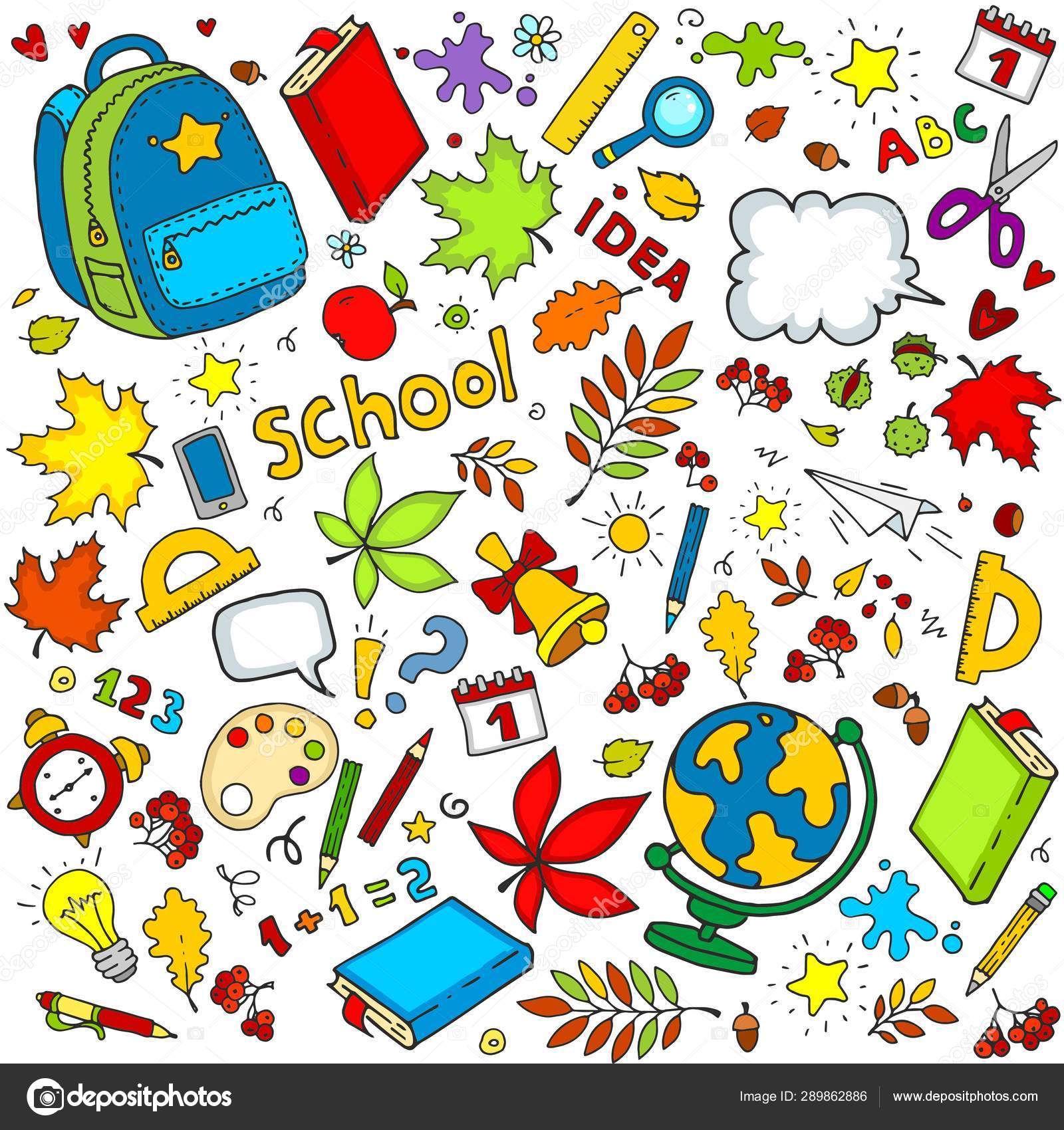 Set Objects Design School Subjects Backpack Clock Bell Leaves Pencils ...