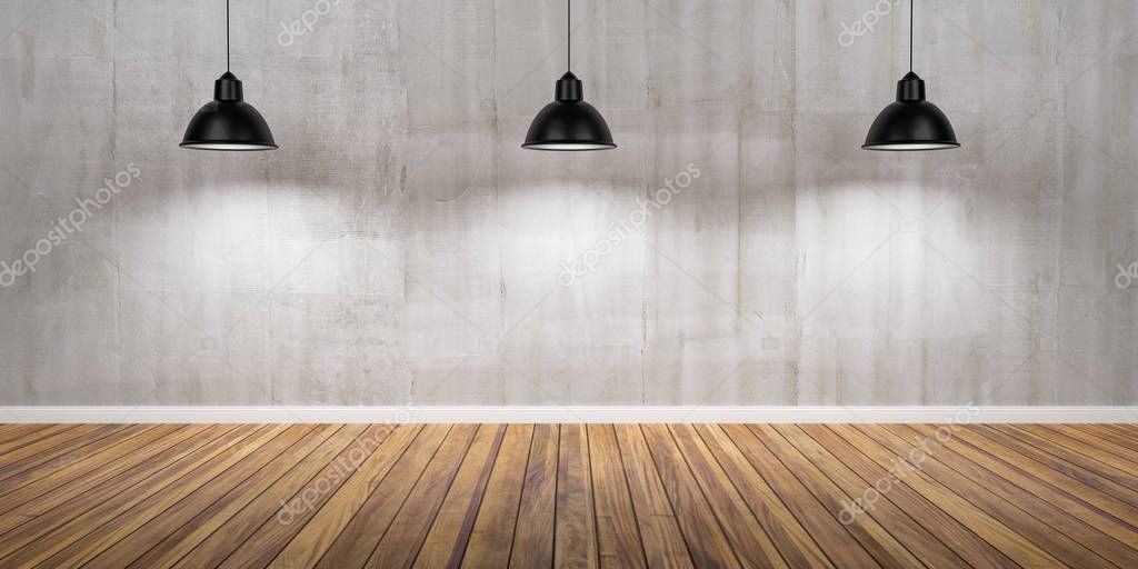 Habitación con tres lámparas, pared de hormigón y suelo de madera ...