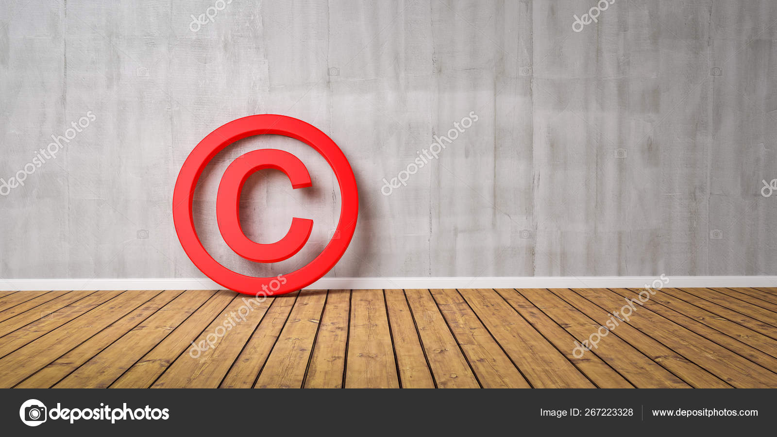 Red Copyright Symbol on Wodden Floor lean on Gray Grunge Wall with Copy ...