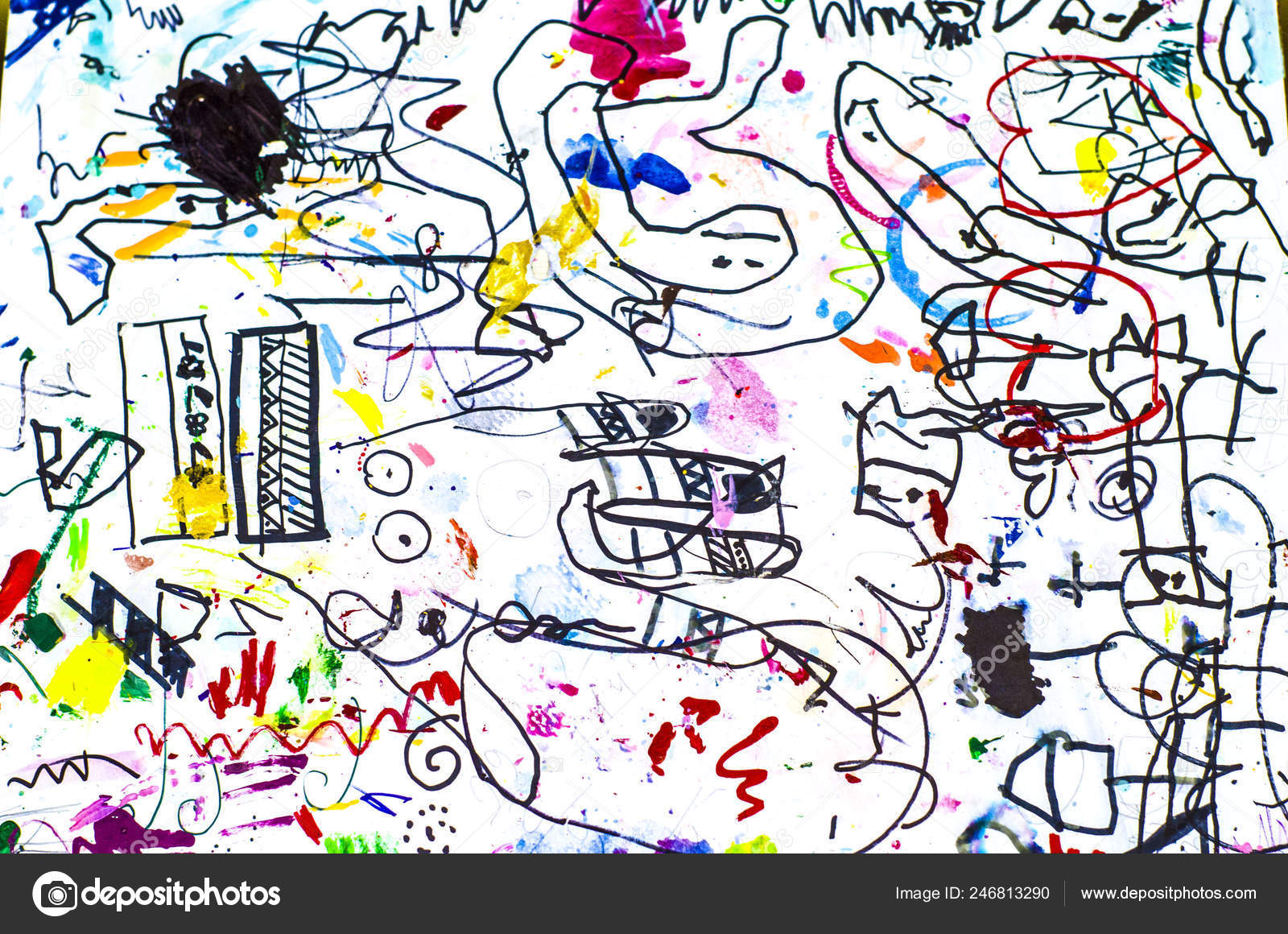 Black Doodle White Paper Elements Red Blue Yellow Color Pattern Stock ...