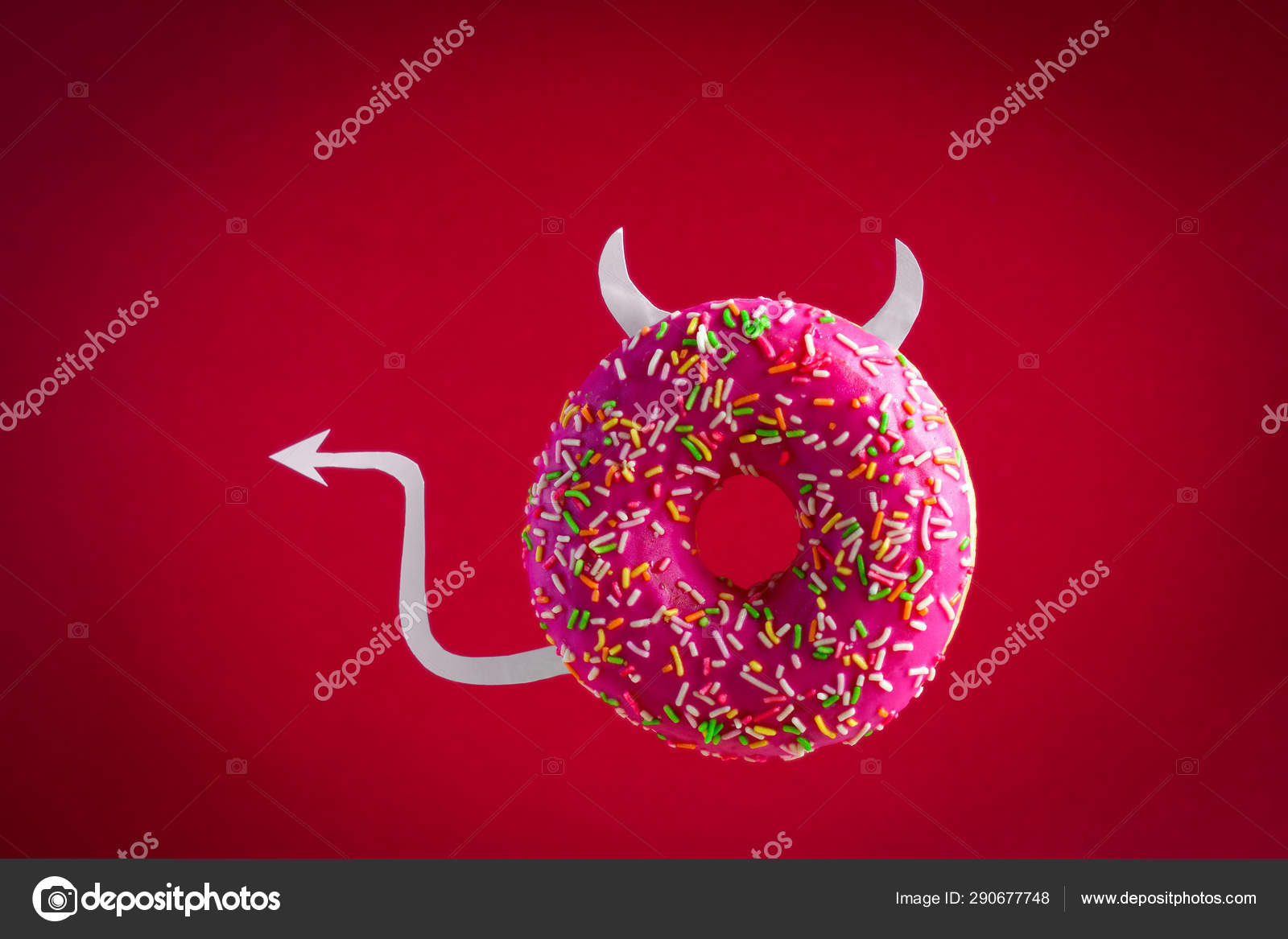 Devil Donut Paper Horns Tail Flying Red Background — Stock Photo ...