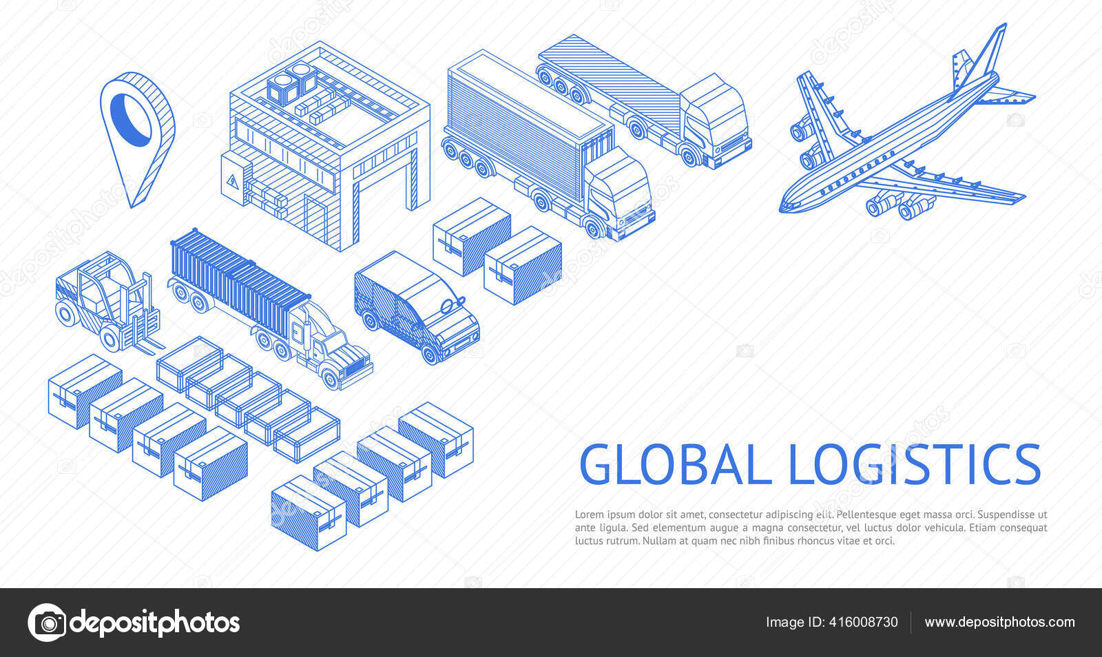 Creative Isometric Collection Blueprint Trucks Containers Global ...