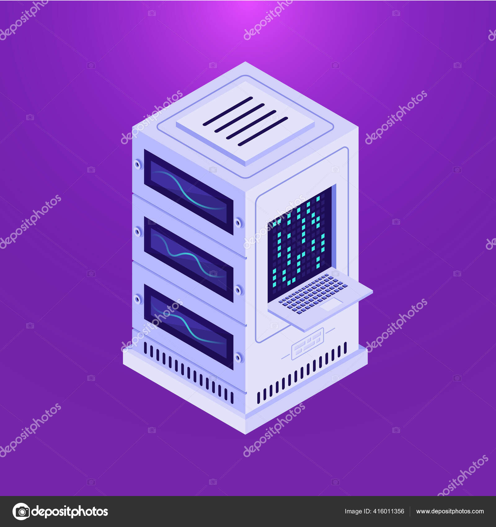 Isometric Design Database Server Tower Element Bright Purple Background ...