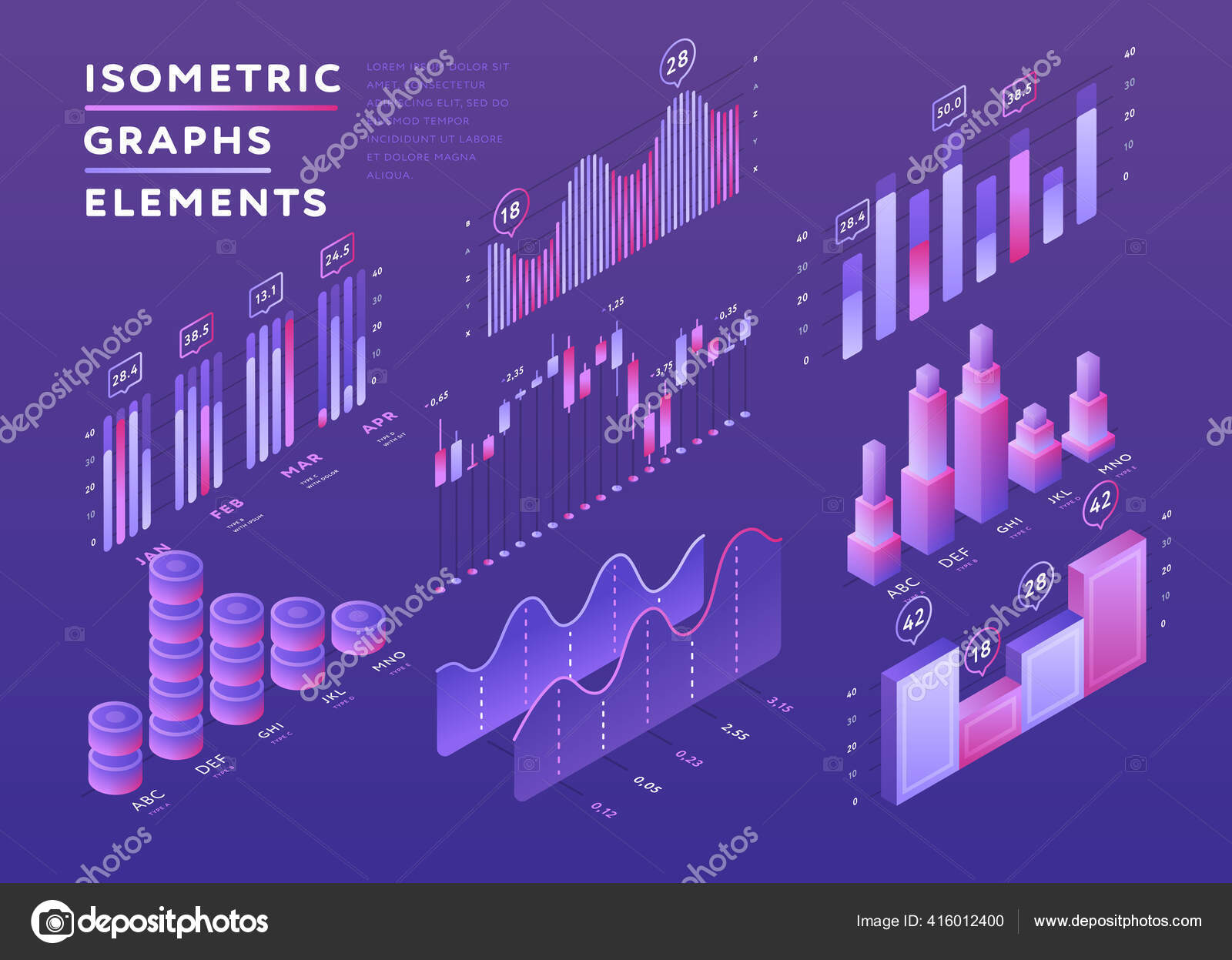 Vector Isometric Set Charts Graphs Elements Bright Purple Background ...