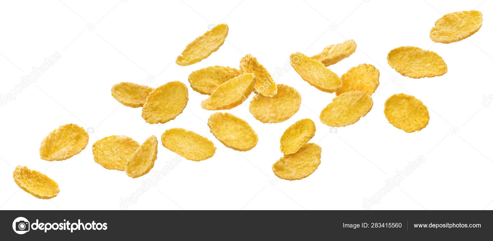 Falling corn flakes, traditional breakfast cereal isolated on white ...