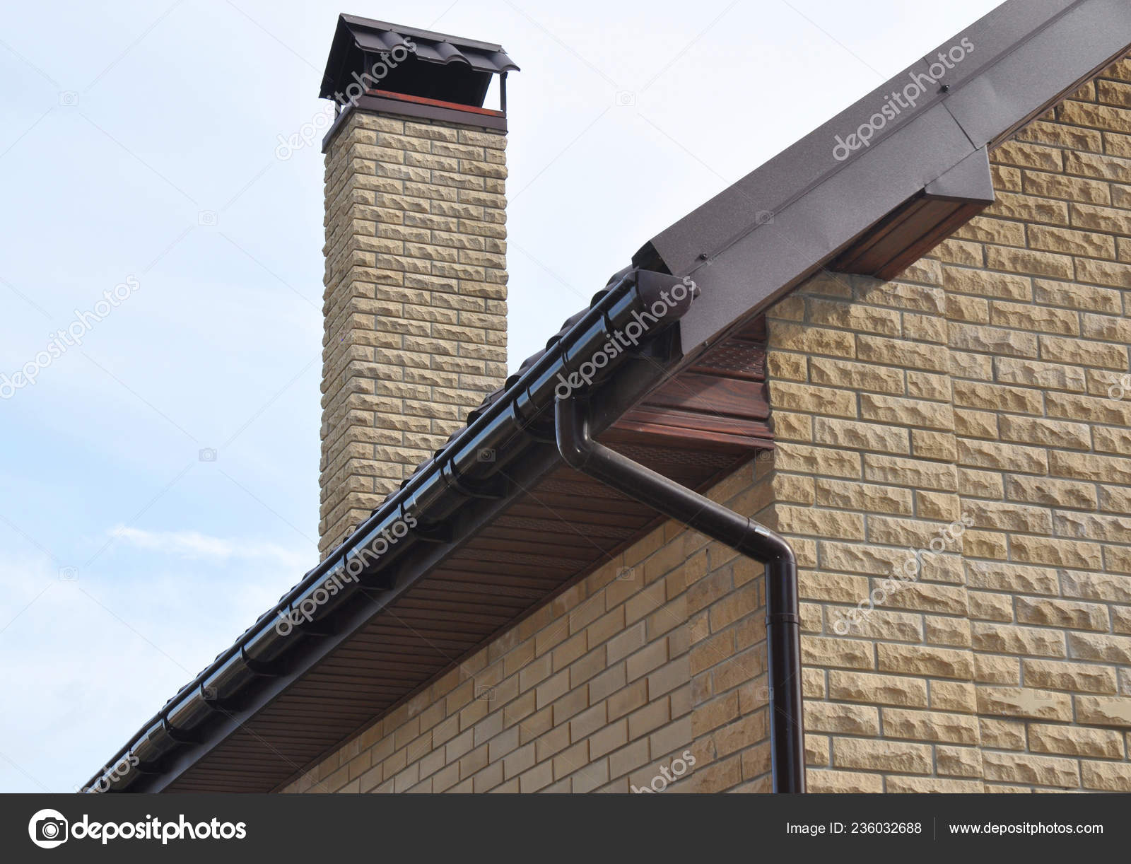 Rain Gutter Pipe System Close Brick House Roof Tiles Plastic Stock ...