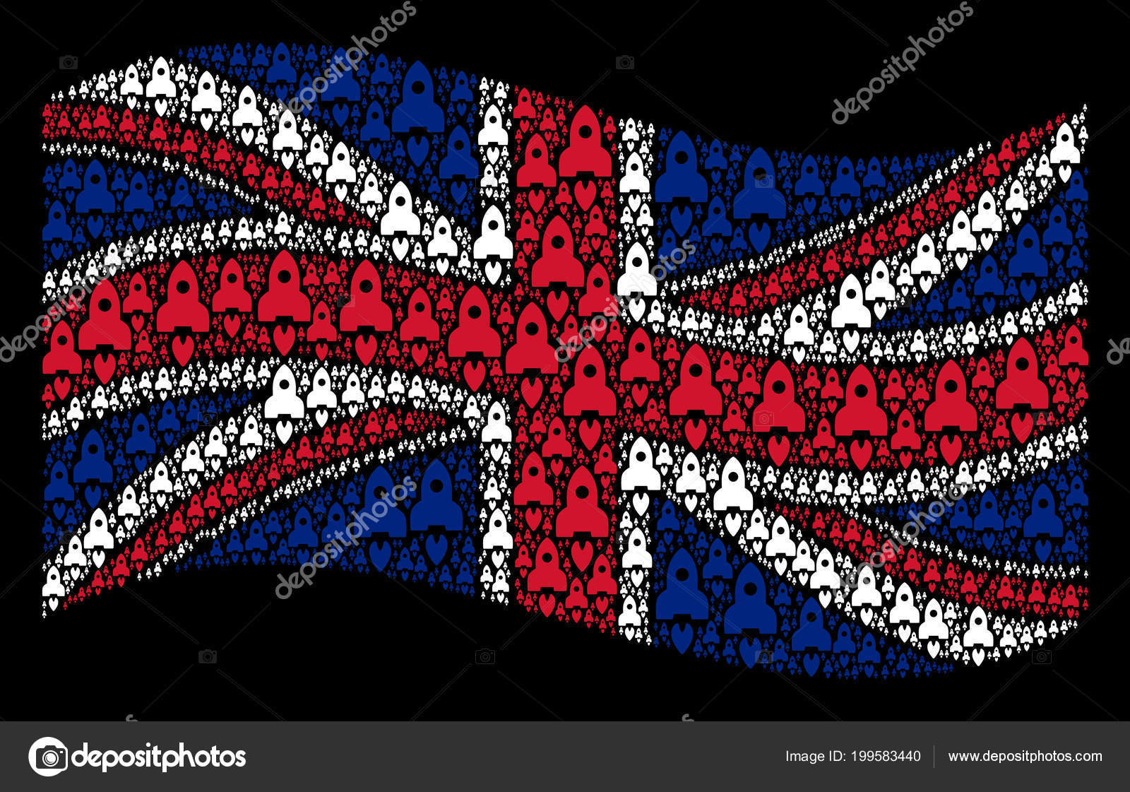 Waving United Kingdom Flag Pattern of Space Rocket Items — Stock Vector ...