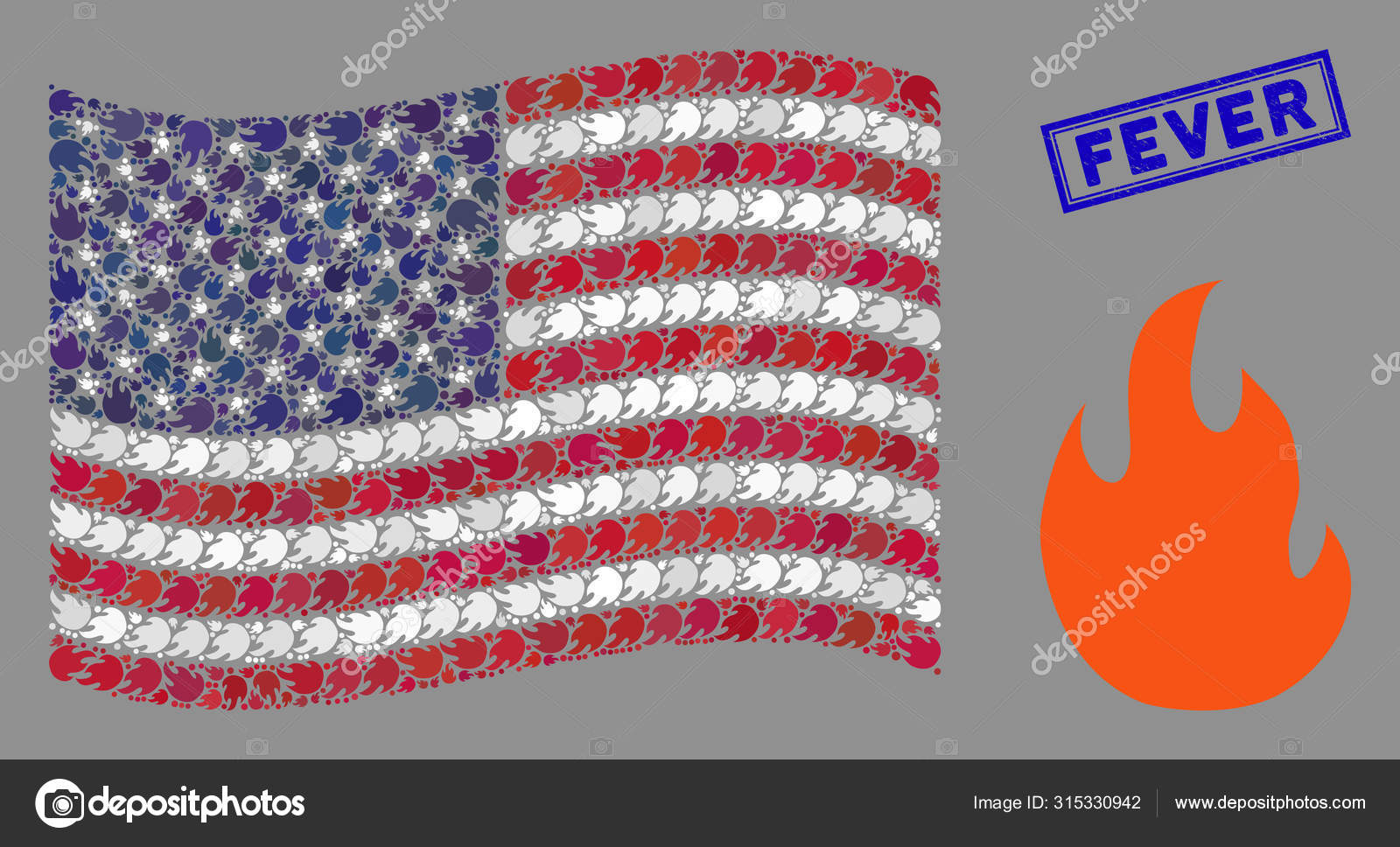 USA Flag Stylized Composition of Fire Flame and Distress Fever Seal ...