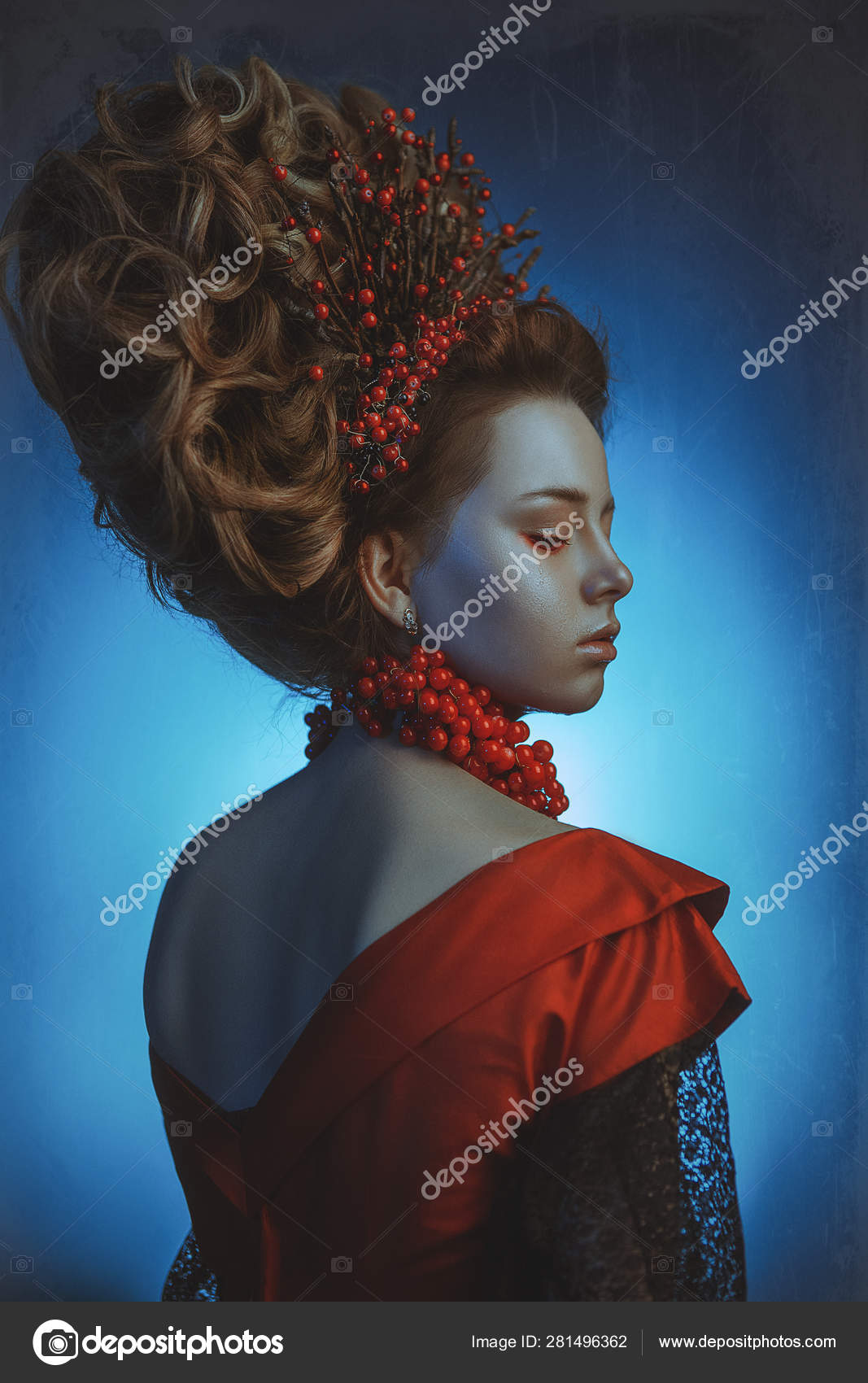 Beautiful Young Model Wearing Red Dress Posing Creative Hairstyle Stock ...