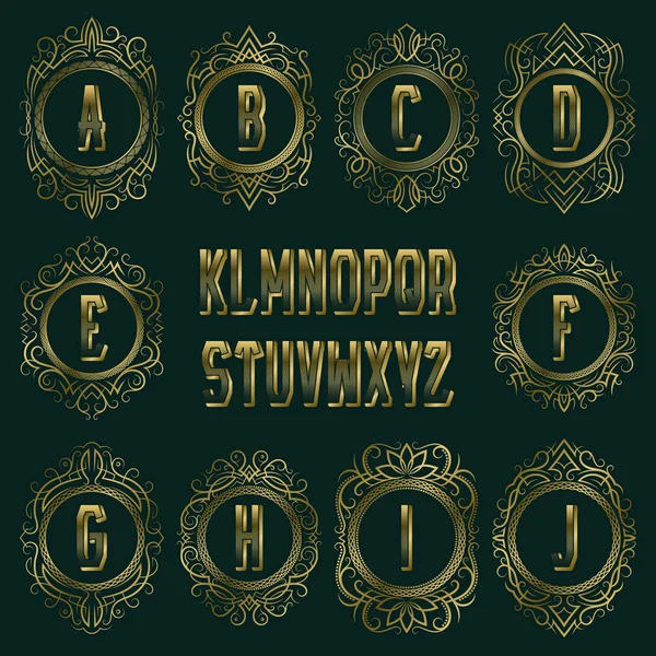 Golden vintage monograms of letters from J to R in patterned frames ...