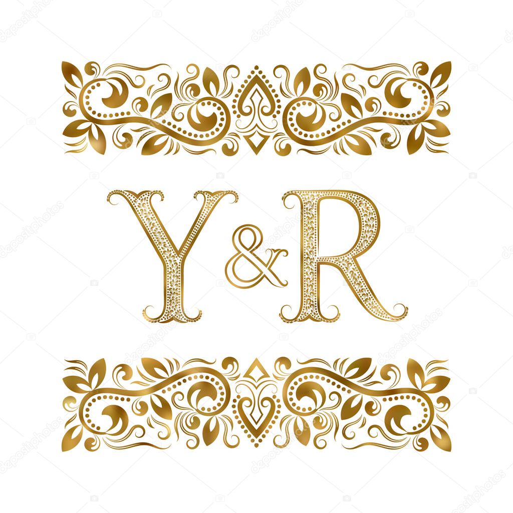 Y y R iniciales logotipo vintage. Las letras rodeadas de elementos ...