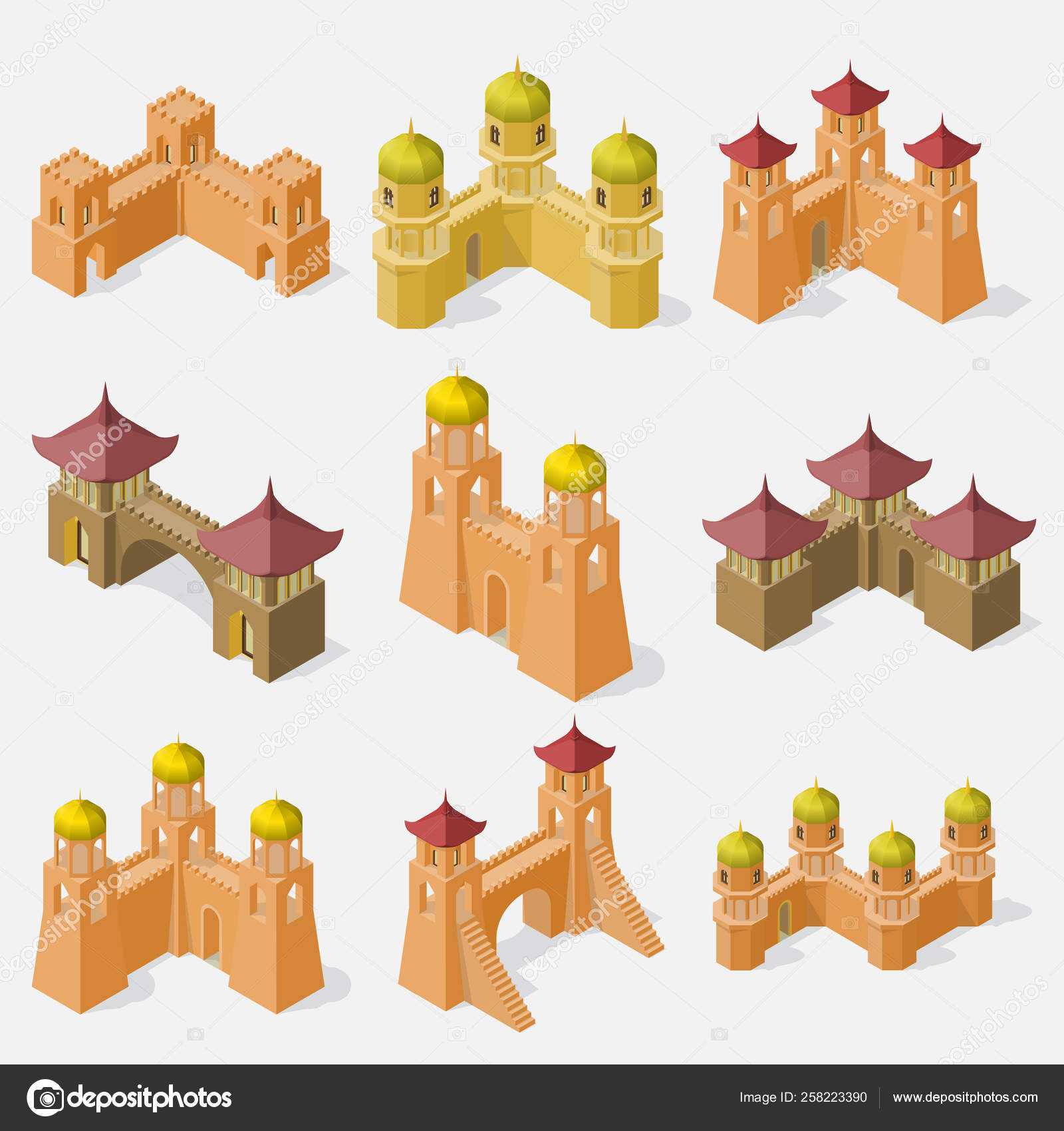 Set of fortress buildings elements in isometric view. — Free Stock ...