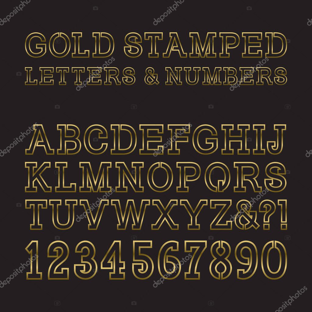 Letras y números estampados en oro. Moderna y elegante fuente dorada ...