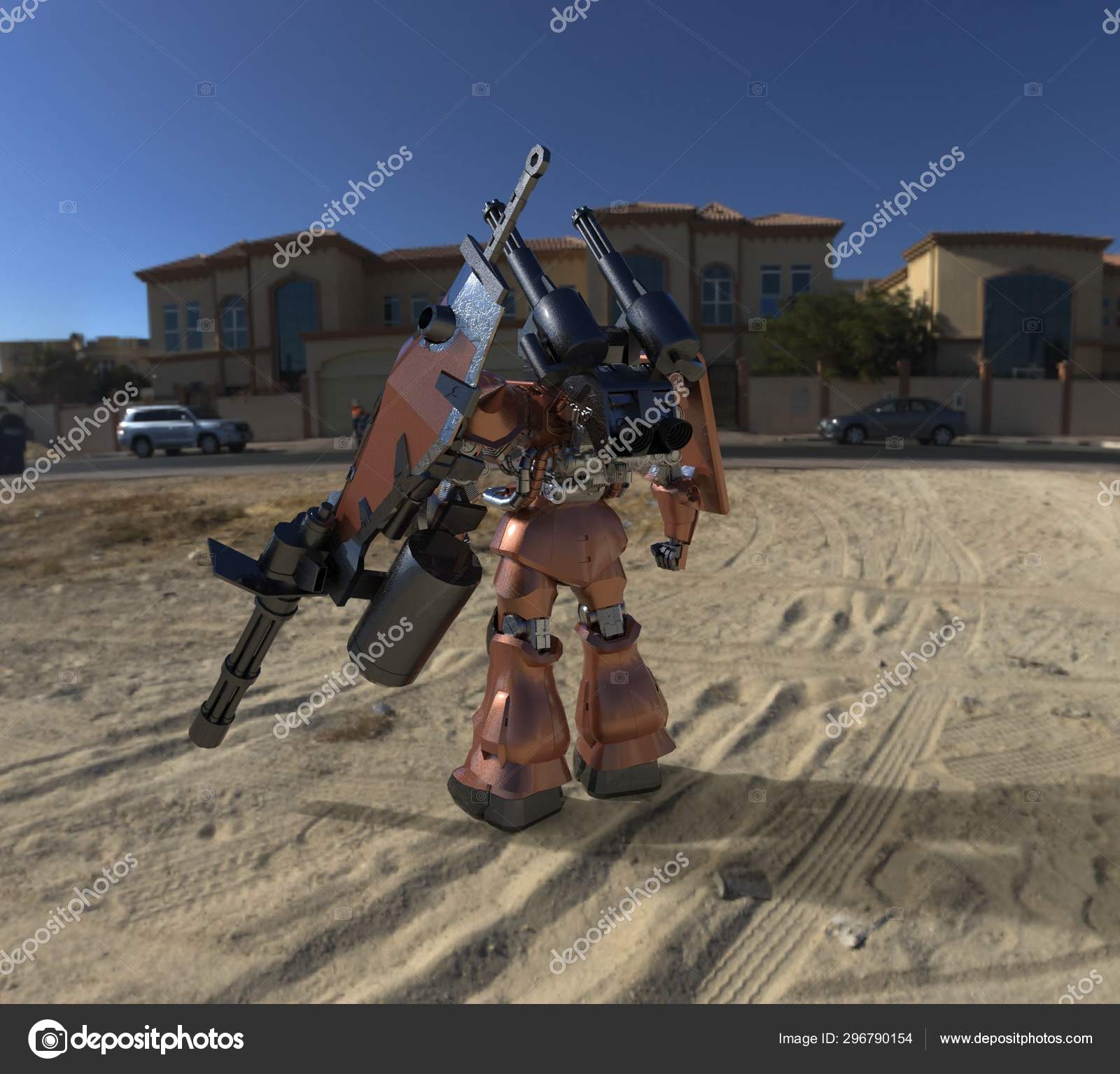 Sci-fi mech soldier standing on a landscape background. Military ...