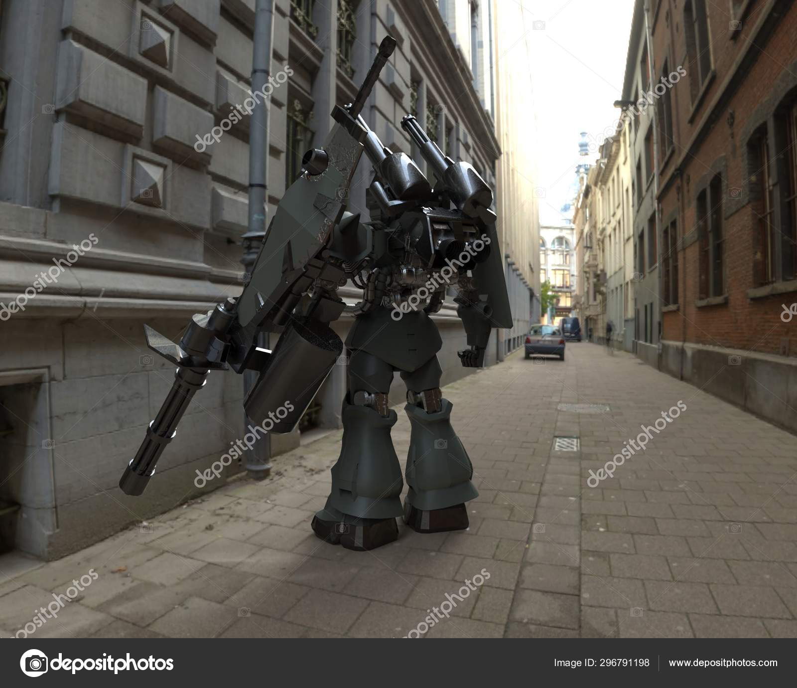 Sci-fi mech soldier standing on a landscape background. Military ...