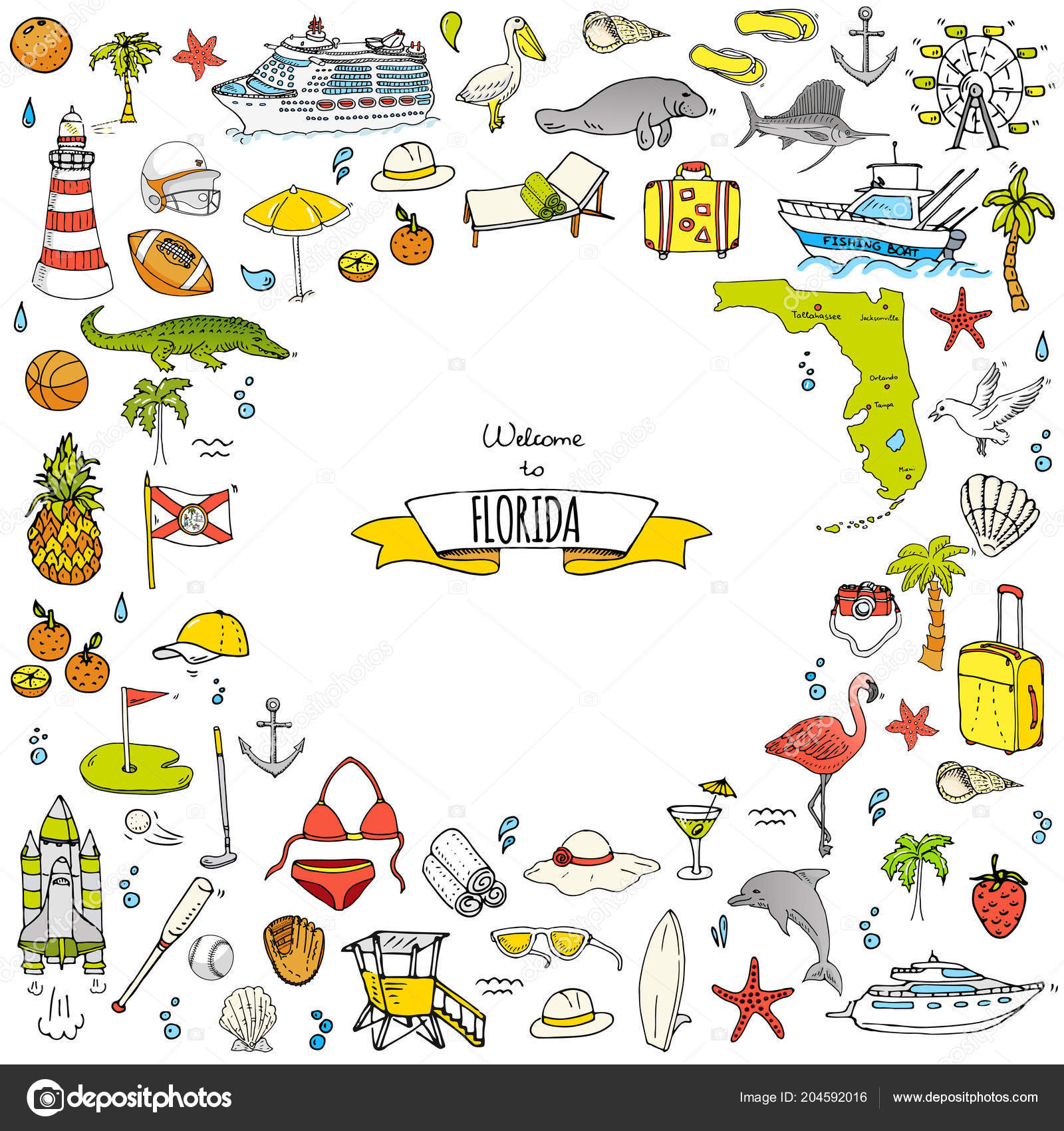 Hand Drawn Doodle Florida Icons Set Vector Illustration Isolated ...