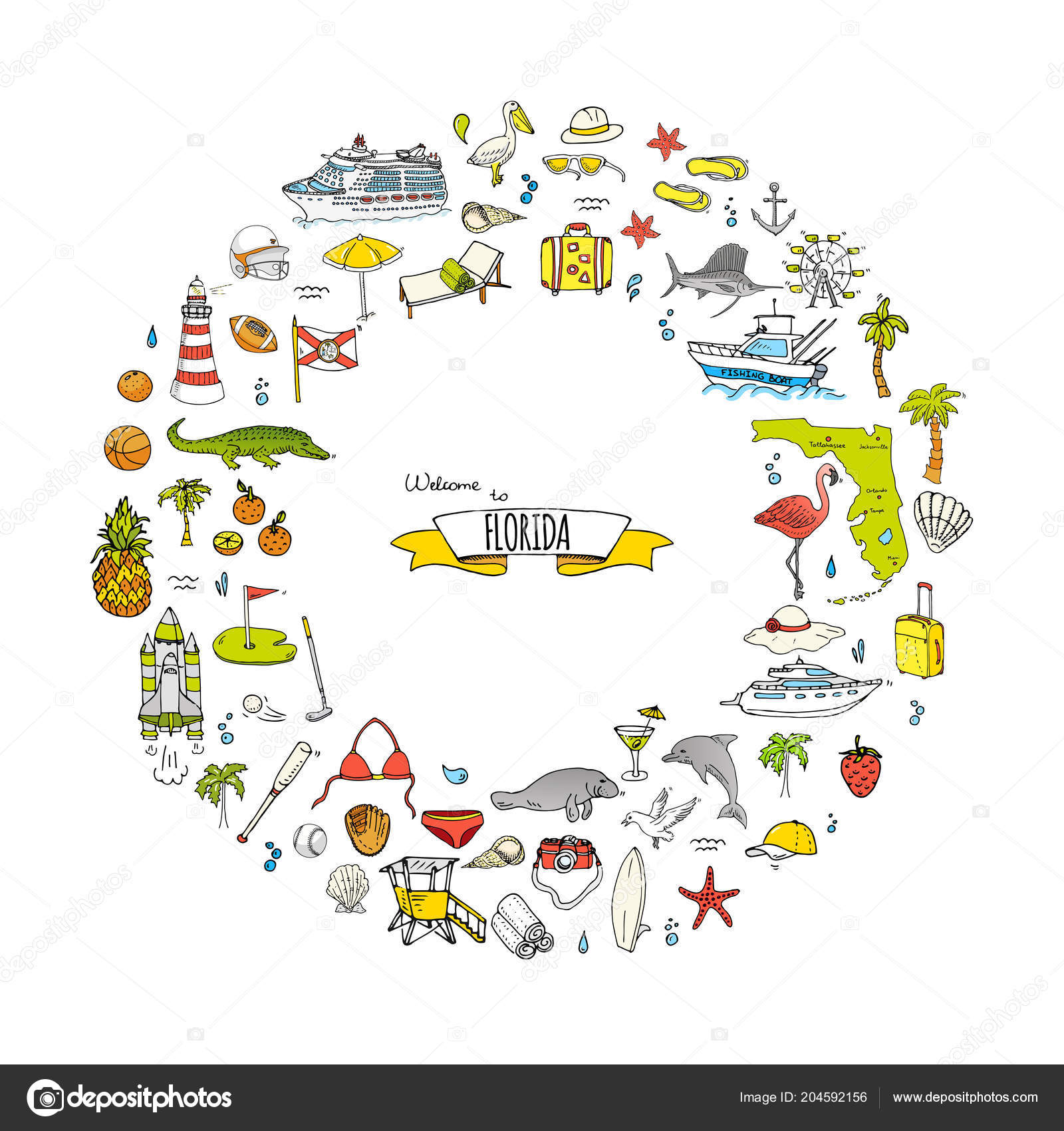 Hand Drawn Doodle Florida Icons Set Vector Illustration Isolated ...