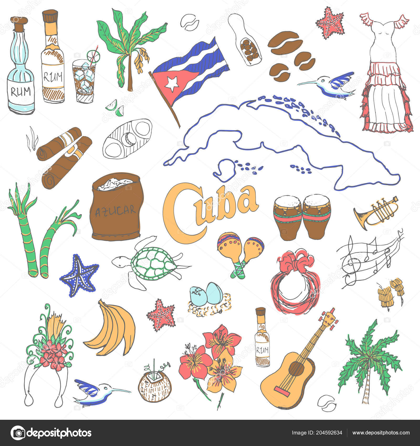 Set Hand Drawn Cuba Icons Cuban Sketch Illustration Doodle Elements ...