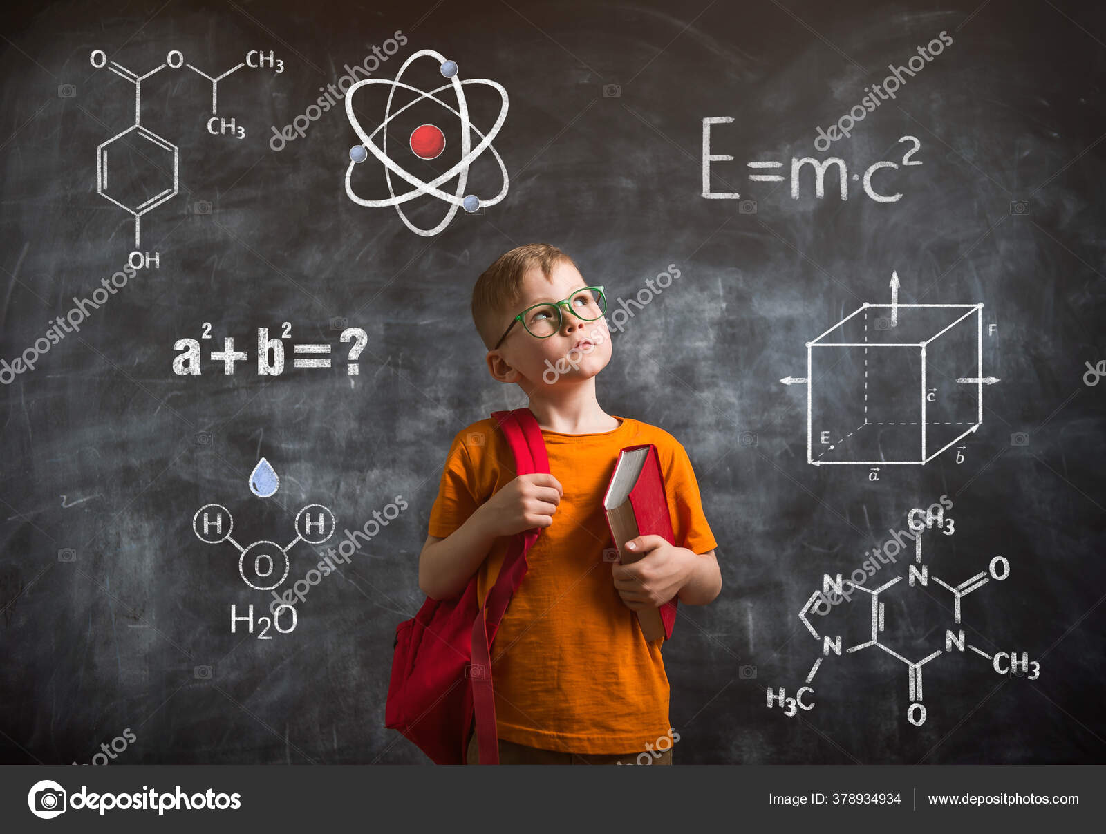 Kid Thinking Formula Blackboard Back School Smart Little Boy Stock ... Kid Thinking Formula Blackboard Back School Smart Little Boy Stock ...