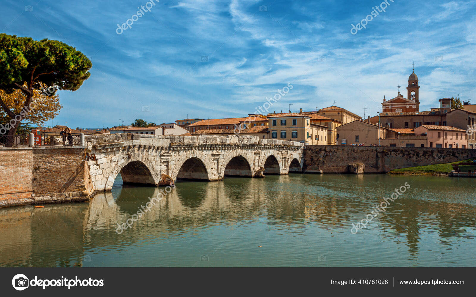 Tiberius Bridge Rimini Background Blue Sky White Clouds Stock Photo by ...