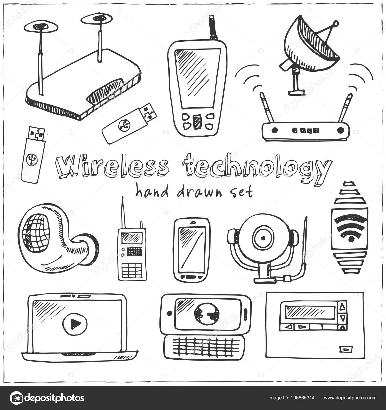 Wireless technology hand drawn doodle set. Sketches. Vector ...