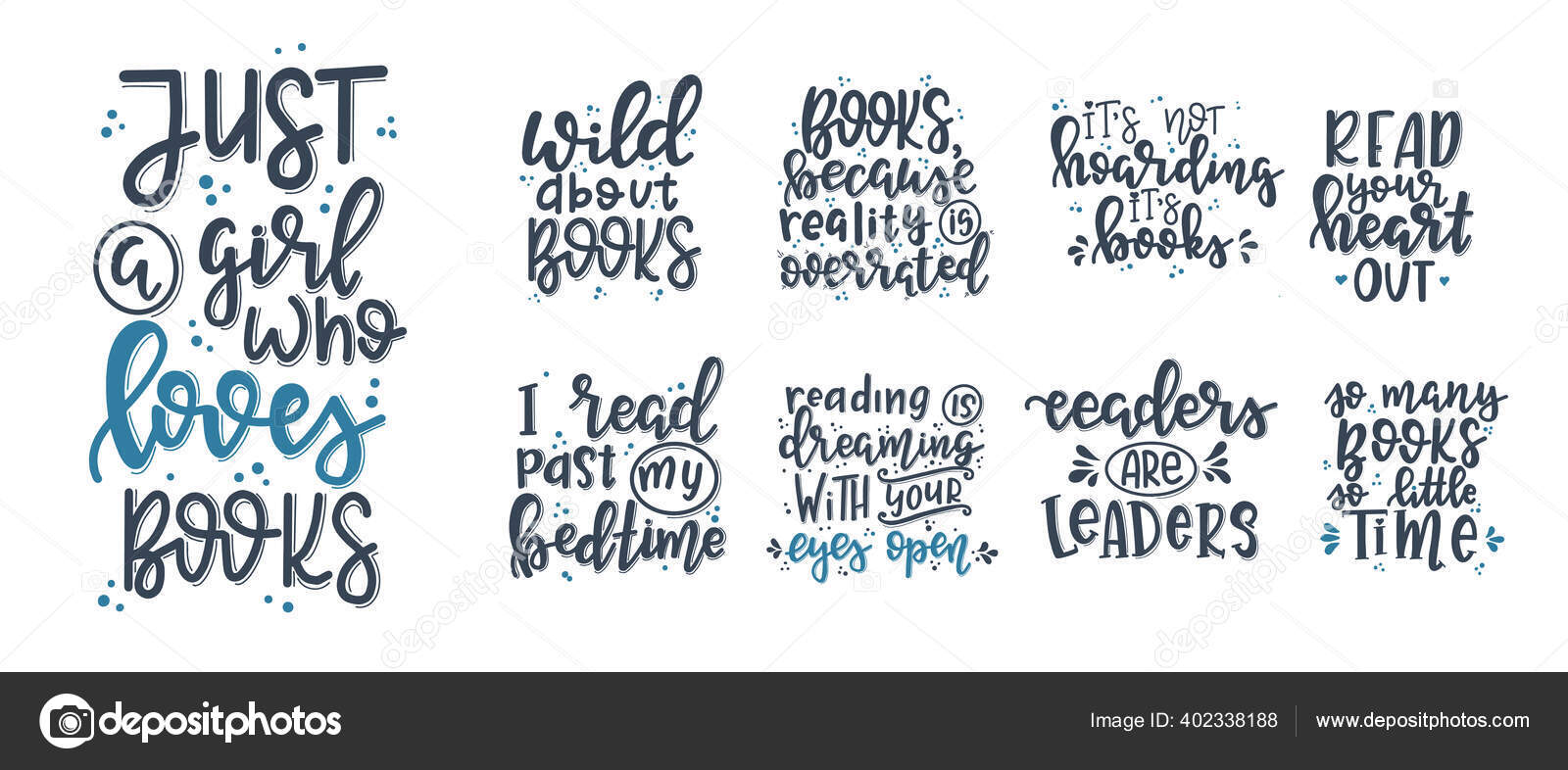 Books and reading lettering set Hand drawn typography poster ...