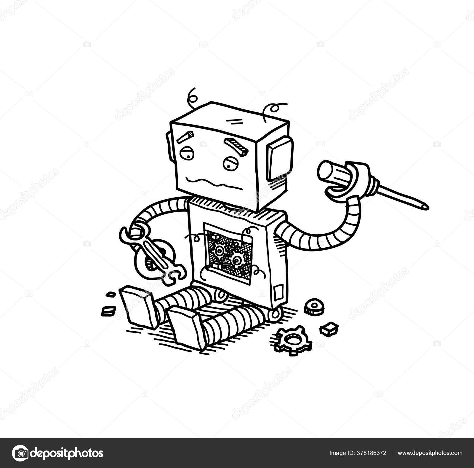 Hand Drawn Vector Cartoon Illustration Broken Robot Trying Fix Itself ...