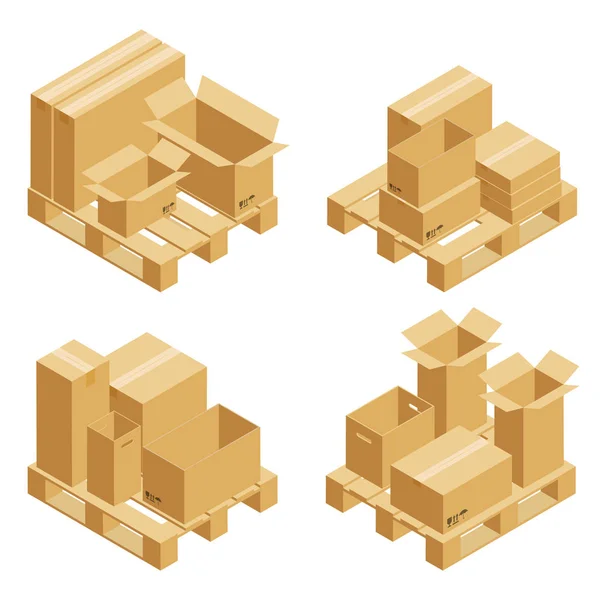 Cardboard Boxes Wood Pallet Isometric Set Isolated White Background ...