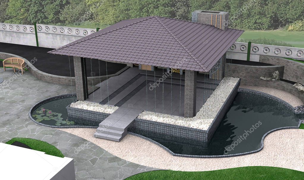 Vista general de la disposición del patio, renderizado 3D aéreo. 2025