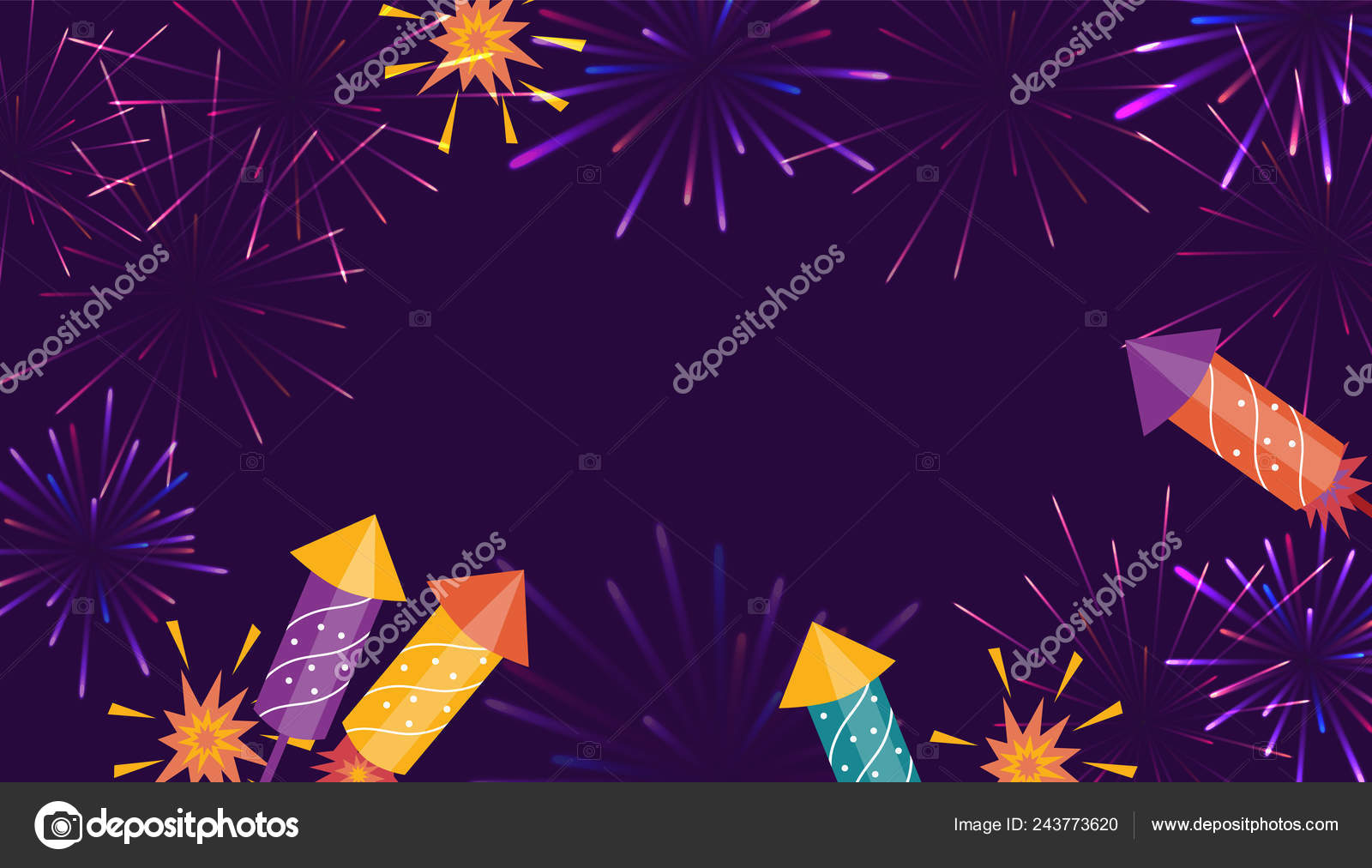Brightly colorful Fireworks and rockets on purple background. Good for ...