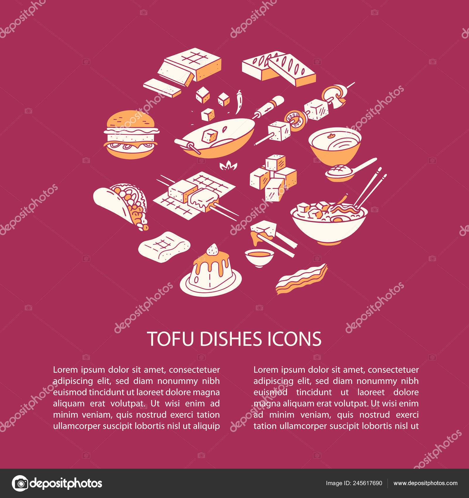Round vector cooking tofu icon composition. Line art tofu dishes icons, isolated on the light ...