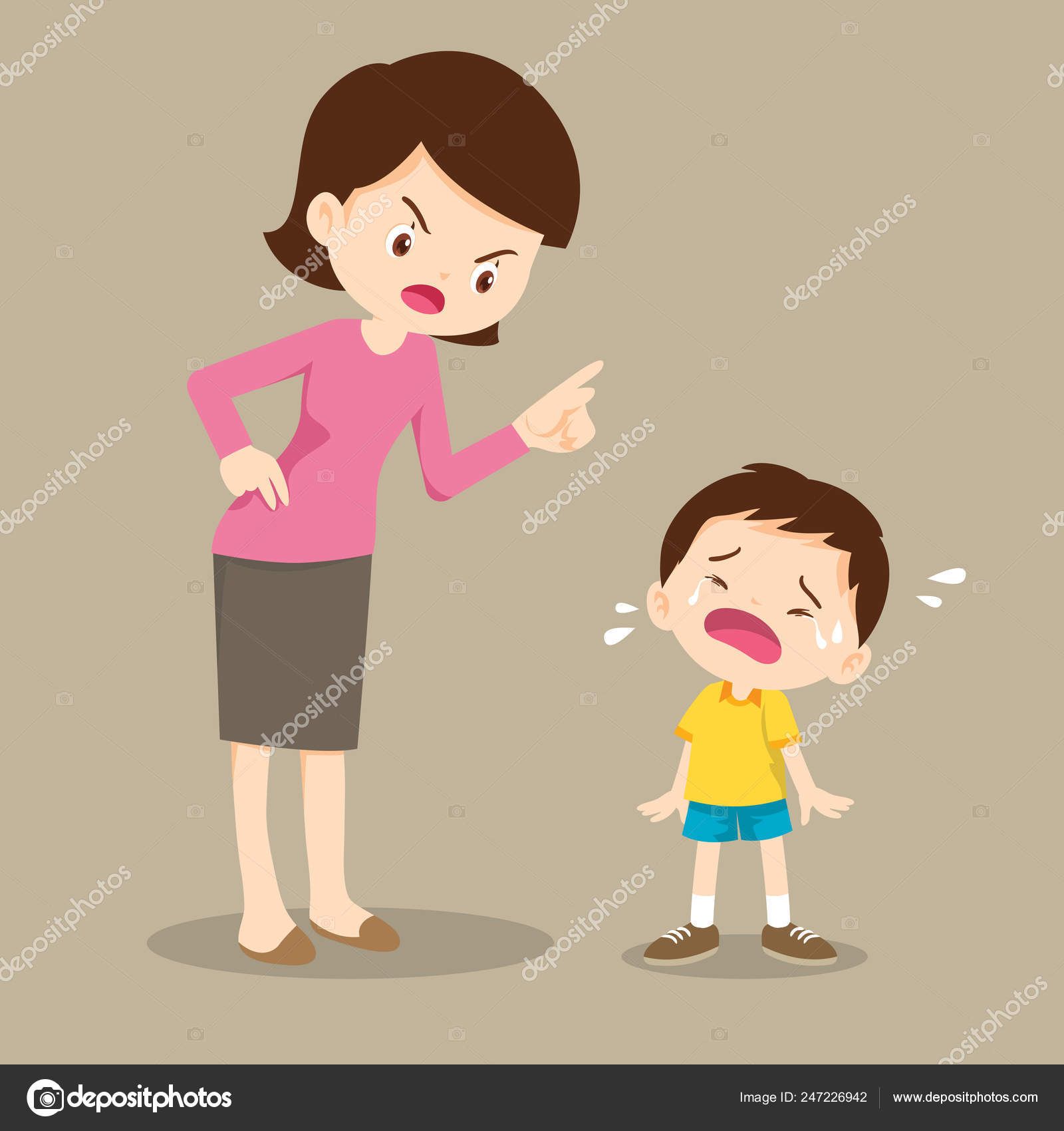 Madre Está Regañando Hijo Niño Llora Tan Sad Boy Sentirse Vector de ...