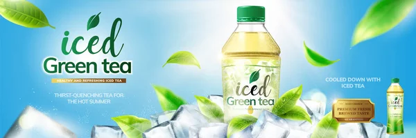 Bottled Green Tea Banner Ads Ice Cubes Lemon Fruit Elements — Stock ...