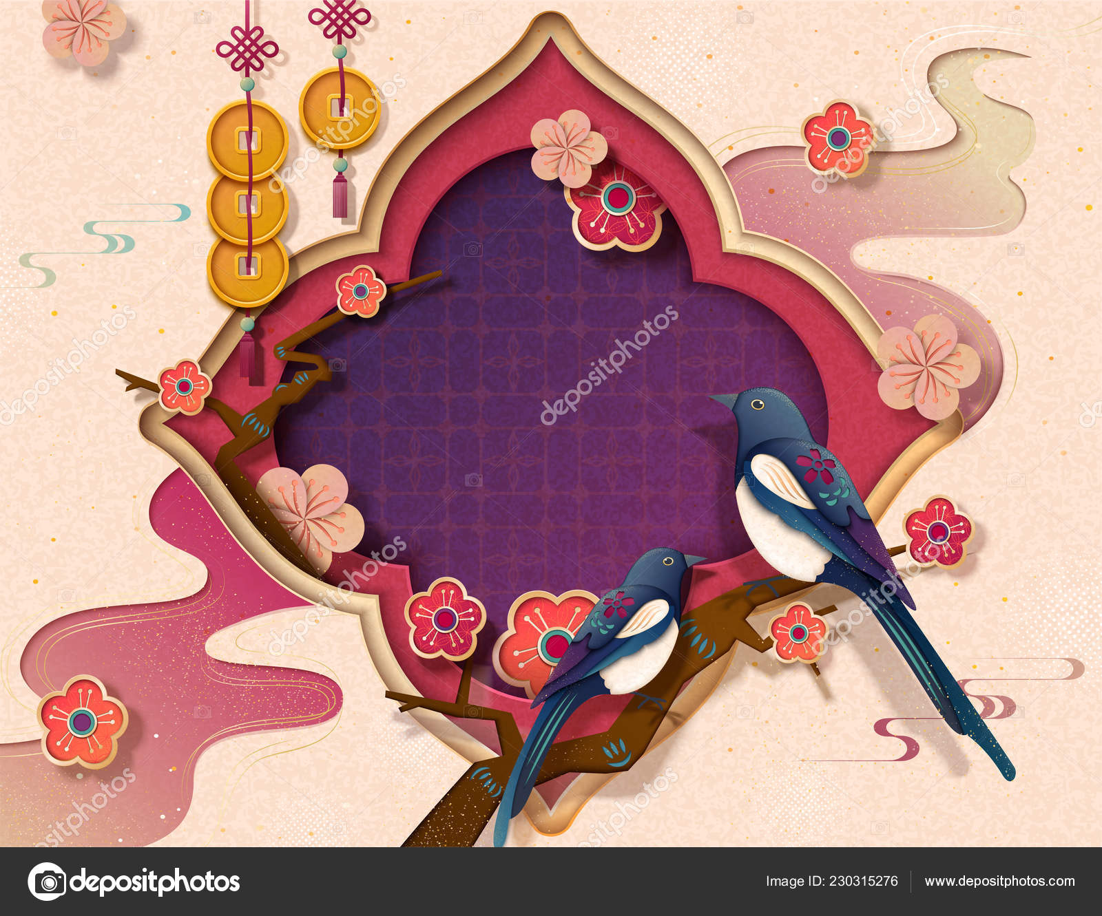 Chinese New Year Template Pica Pica Plum Flowers Paper Art Stock Vector ...