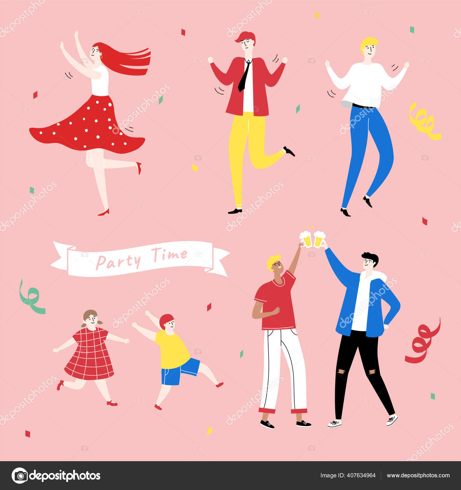 Barevné Čmáranice Lidí Párty Růžovém Pozadí Konfety Stock Vector od ...