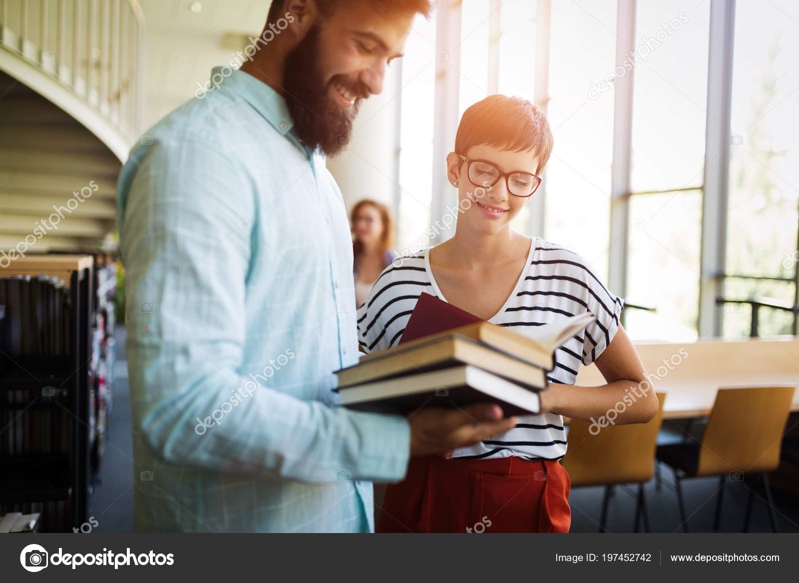Happy Students Couple School Library Have Discussion Book — Stock Photo ...