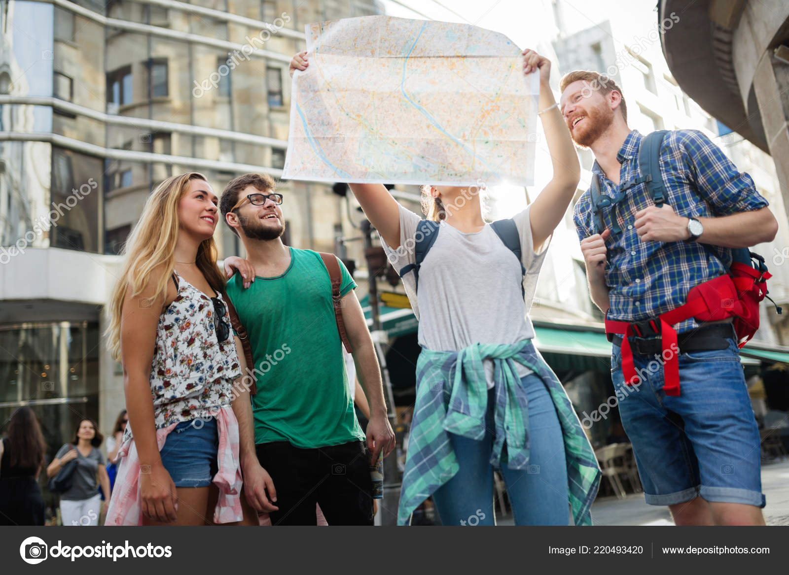 Happy Group Tourists Traveling Sightseeing Together Stock Photo by ...