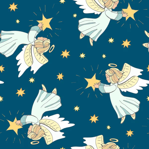 Christmas seamless pattern with angels and stars in the sky. - Stock ...