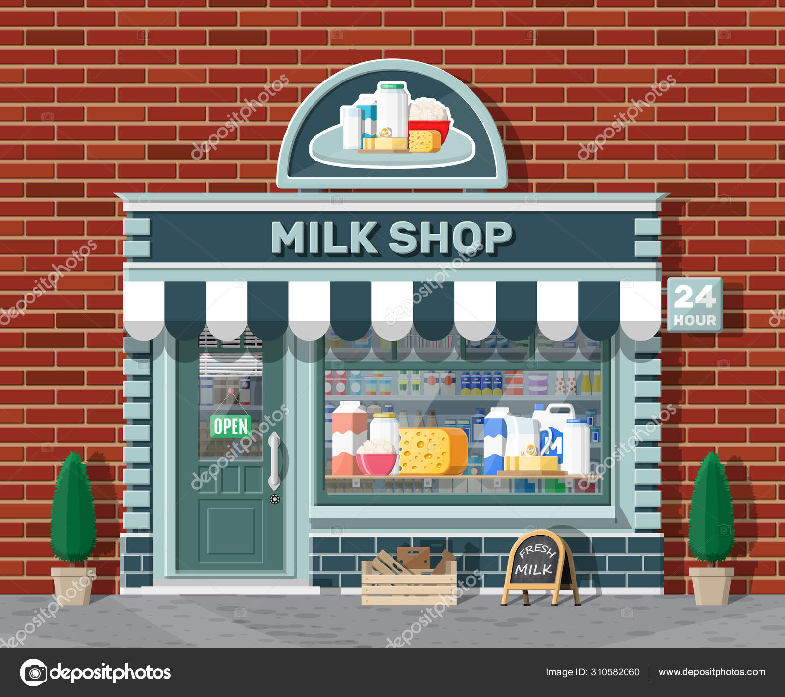 Dairy store or milk shop with signboard, awning. Stock Vector by ...