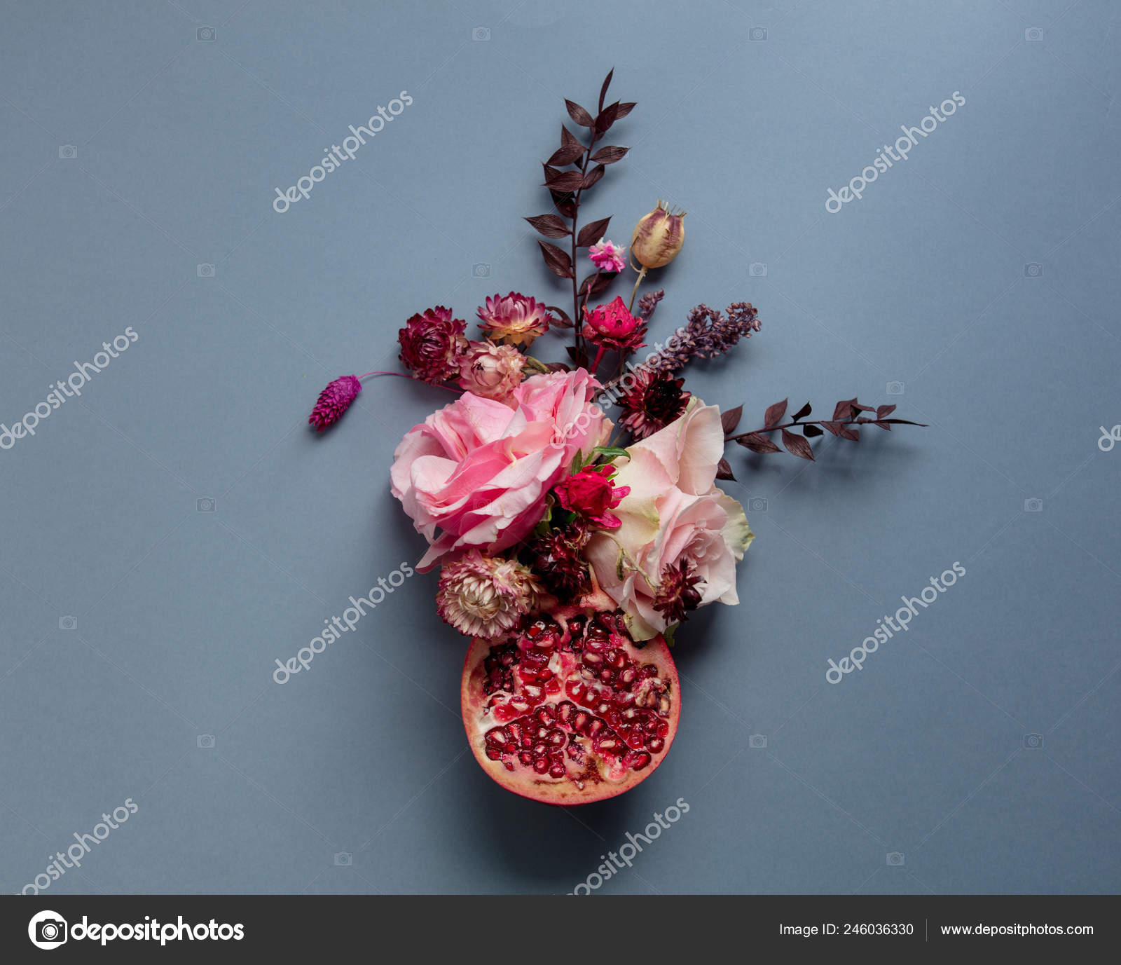 Pomegranate Decorated Roses Leaves Petals Gray Background — Stock Photo ...