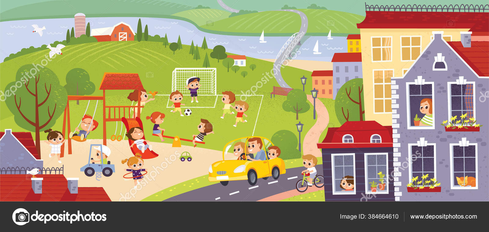 City Happy Kids Playing Yard Landscape Colorful European City Green ...