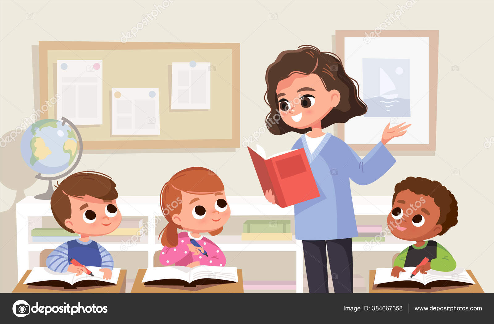 Ruang Kelas Dengan Murid Dan Guru Pelajaran Interior Ruangan Kelas ...