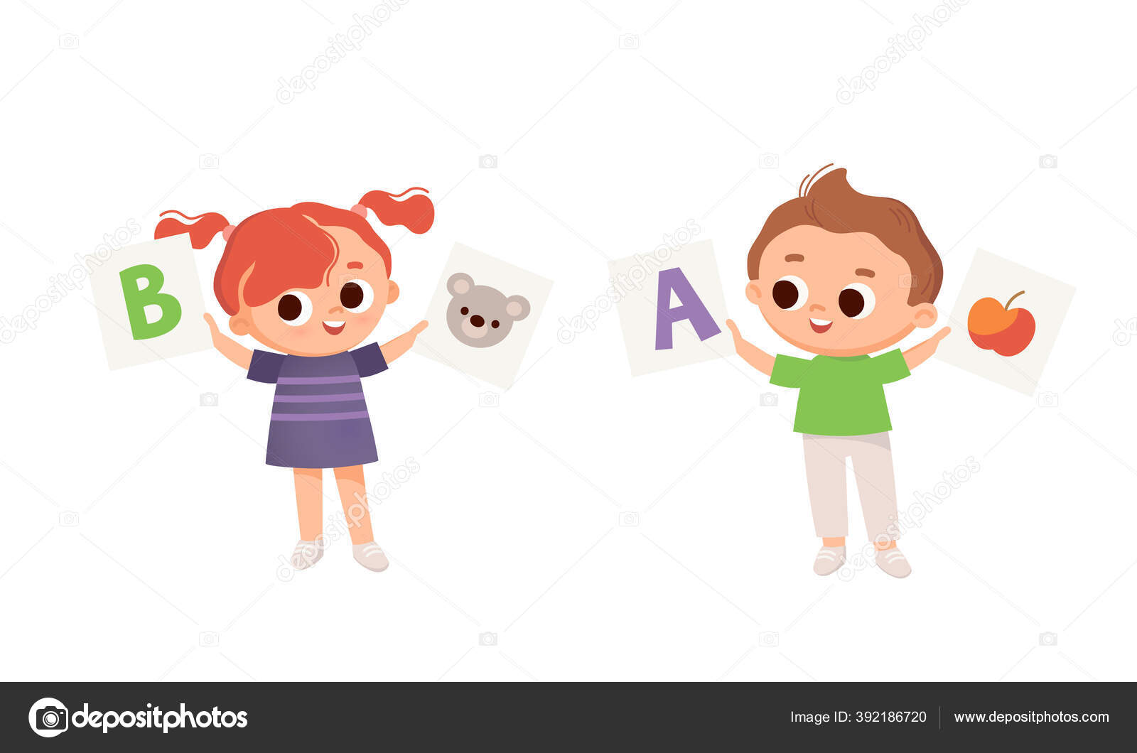Two Kids Boy Girl Holds Leanning Flashcards Kids English Flashcards ...