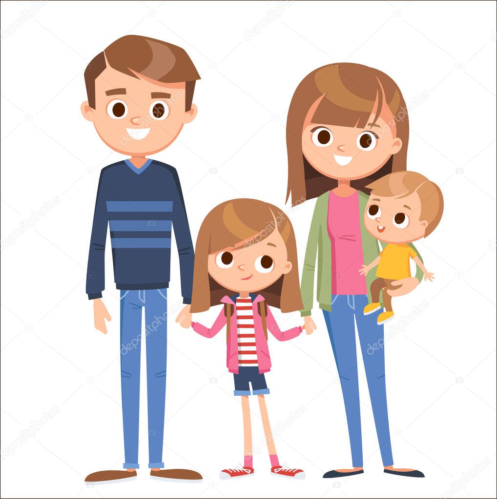 Retrato de familia feliz de 4 cuatro miembros padres mamá papá y 2 ...