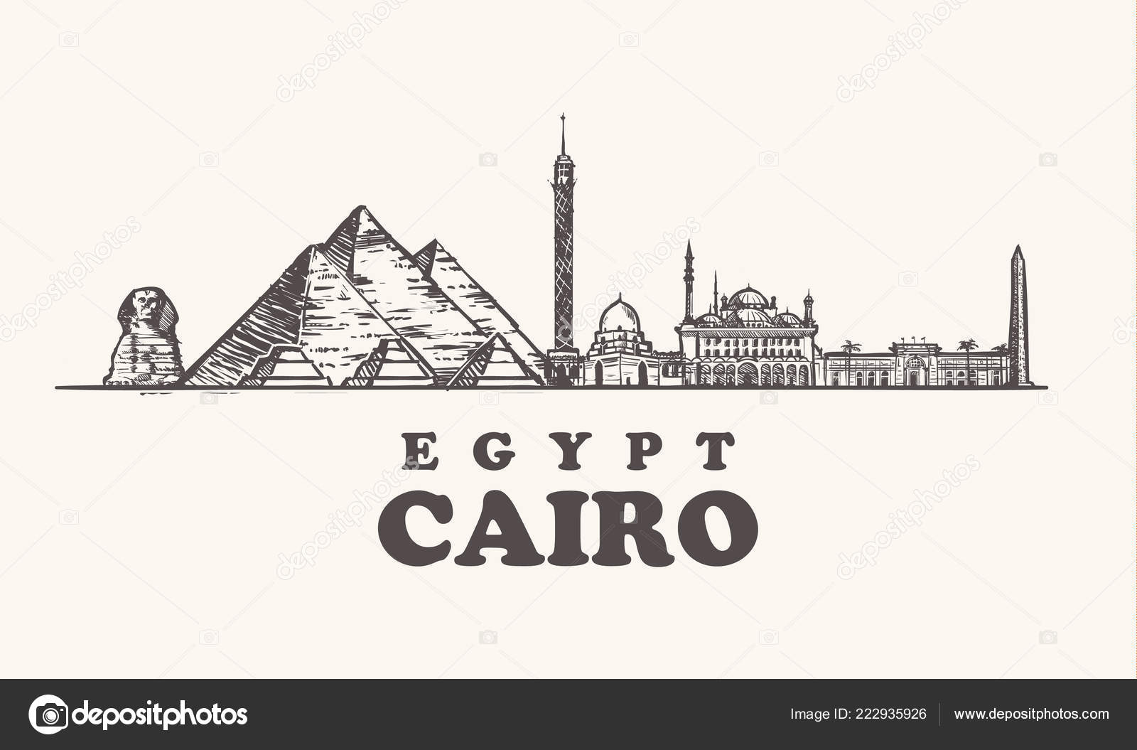 Cairo Skyline Egypt Vintage Vector Illustration Hand Drawn Temples ...