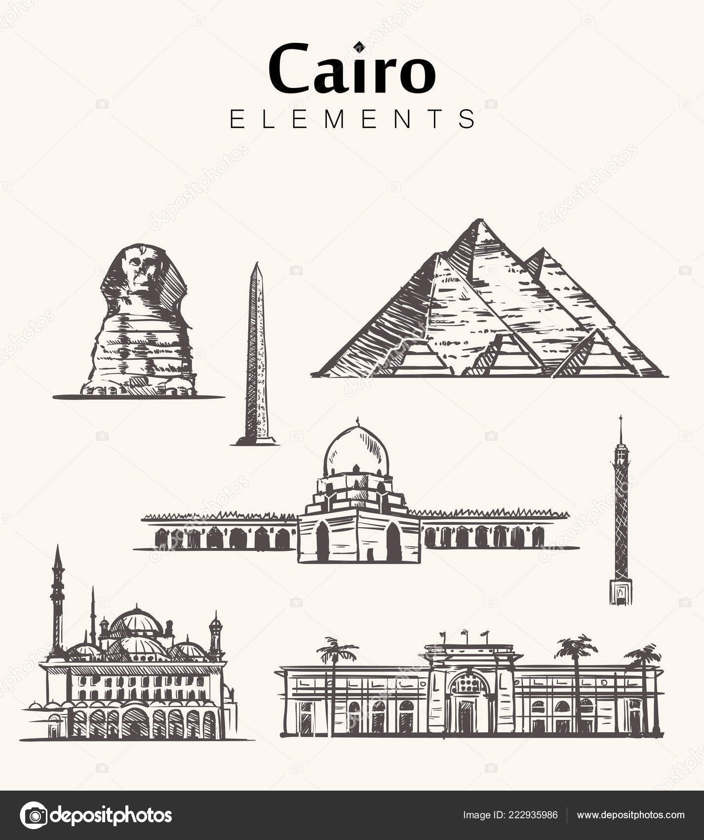 Set Hand Drawn Cairo Buildings Egypt Sketch Vector Illustration Mosque ...
