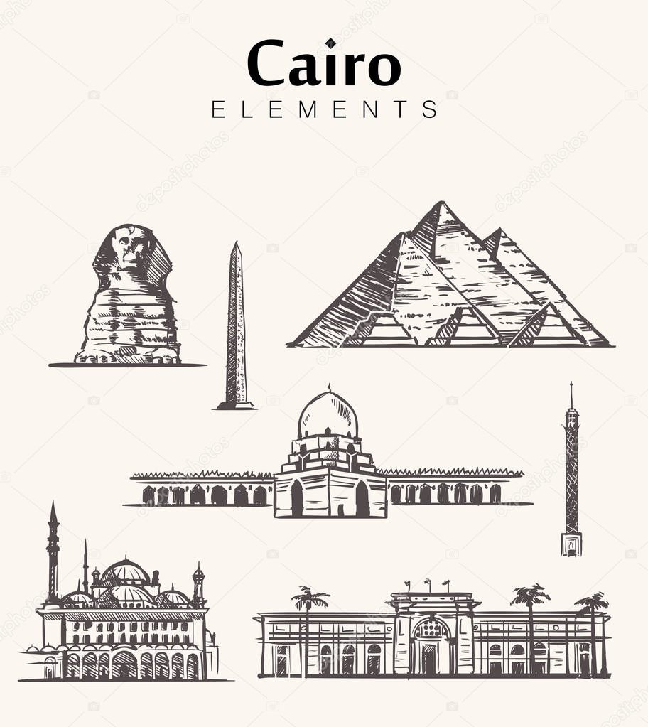 Conjunto de edificios dibujados a mano de El Cairo. Egipto boceto vector ilustraci n. Mezquita ...