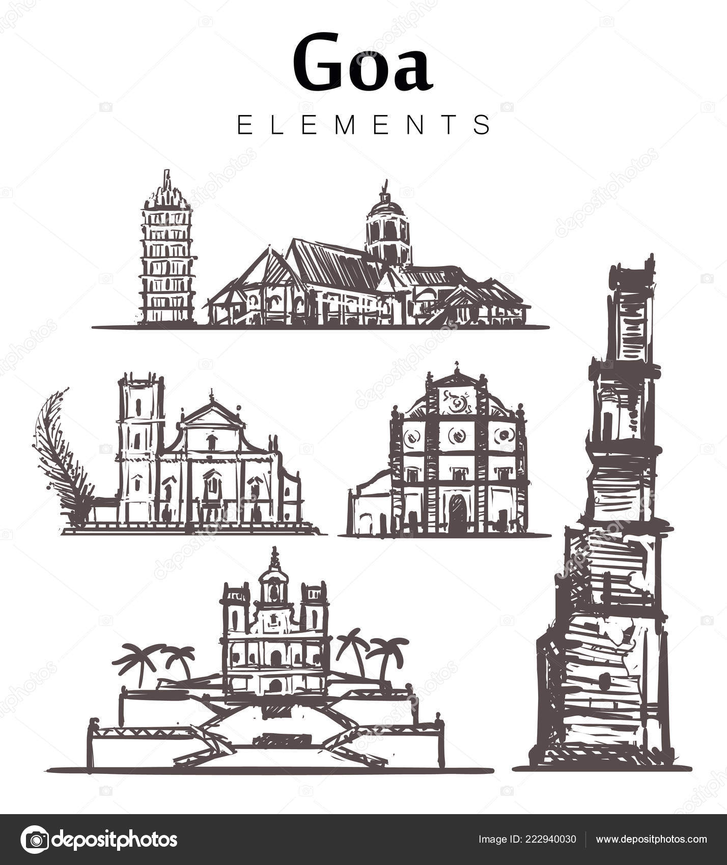 Set Hand Drawn Goa Buildings India Goa Elements Sketch Vector Stock ...