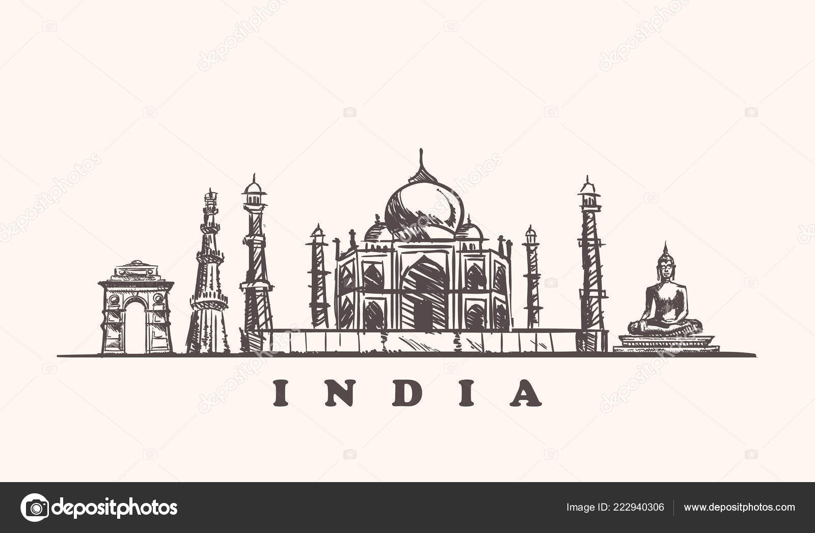 India Skyline Vector Illustration India Sketch Hand Drawn White ...